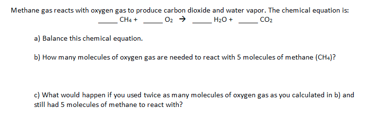 Solved: Methane gas reacts with oxygen gas to produce carbon dioxide ...