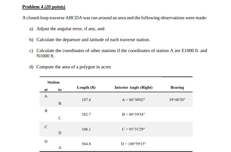 Solved: Problem 4 (20 points) A closed-loop traverse ABCDA was run ...