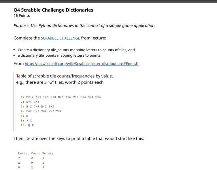 Solved Q4 Scrabble Challenge Dictionaries 15 Points Purpose Use Python Dicti Tutorbin 