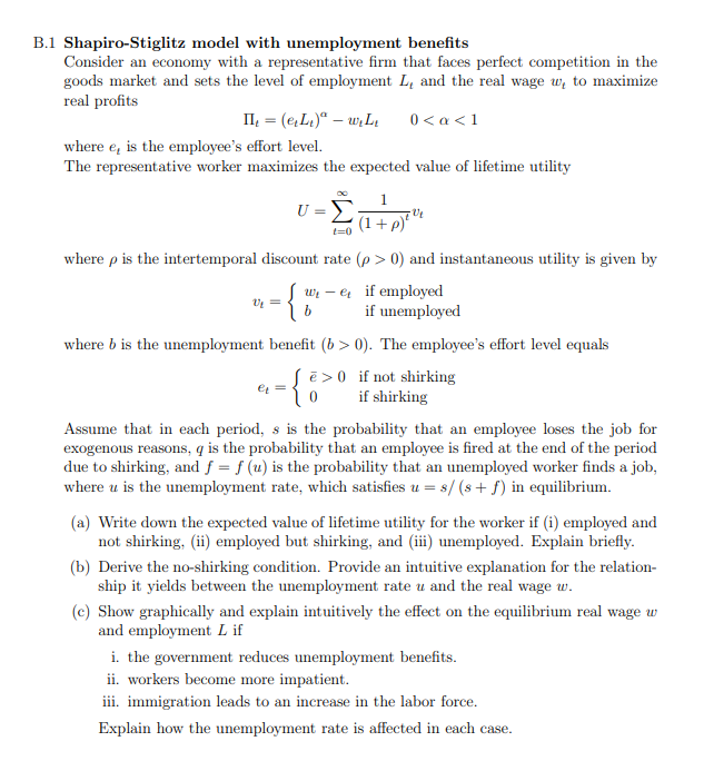 Solved: B.1 Shapiro-Stiglitz model with unemployment benefits Consider an econ - TutorBin