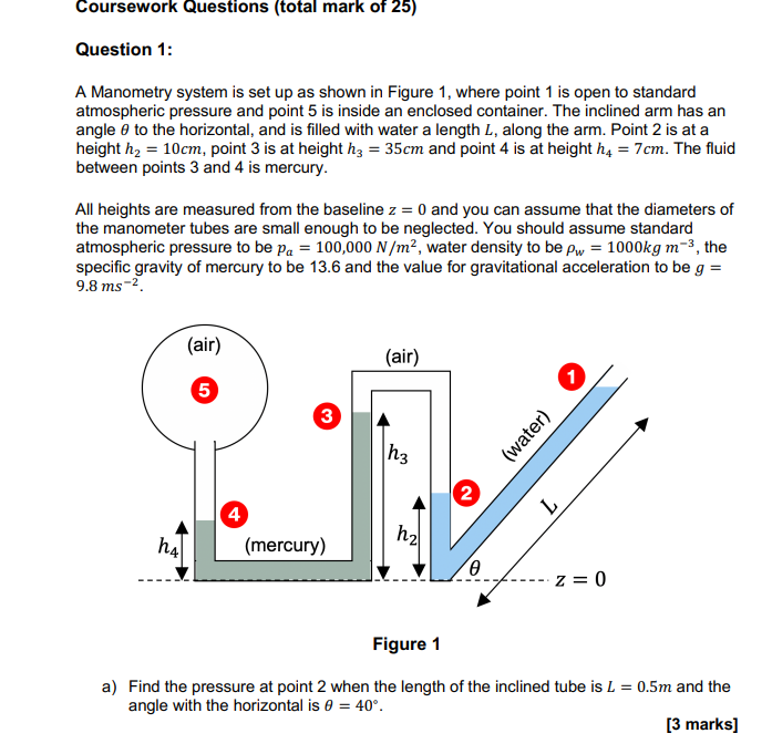 Solved: Coursework Questions (total mark of 25) Question 1: A Manometry system - TutorBin