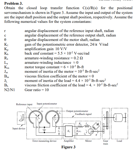 Solved: Problem 3. Obtain the closed loop transfer function C(s)/R(s) for the - TutorBin