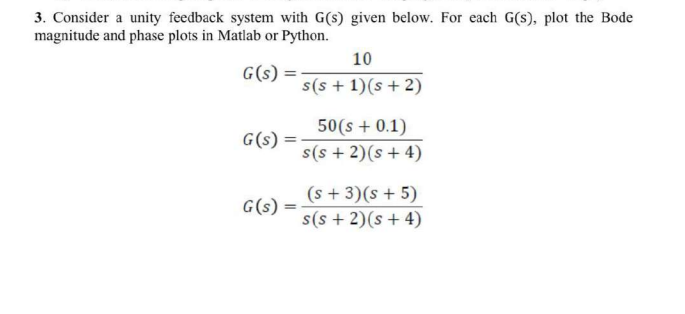 Solved: 3. Consider a unity feedback system with G(s) given below. For ... Solved: 3. Consider a unity feedback system with G(s) given below. For ...