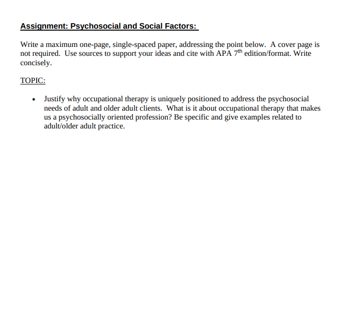 Solved: Assignment: Psychosocial and Social Factors: Write a maximum one-page, - TutorBin