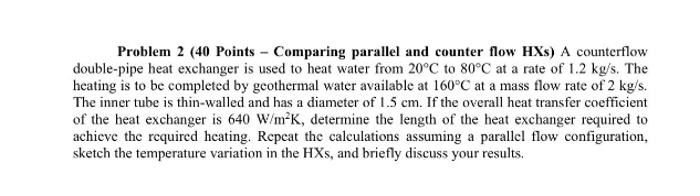Solved: Problem 2 (40 Points - Comparing parallel and counter flow HXs ...